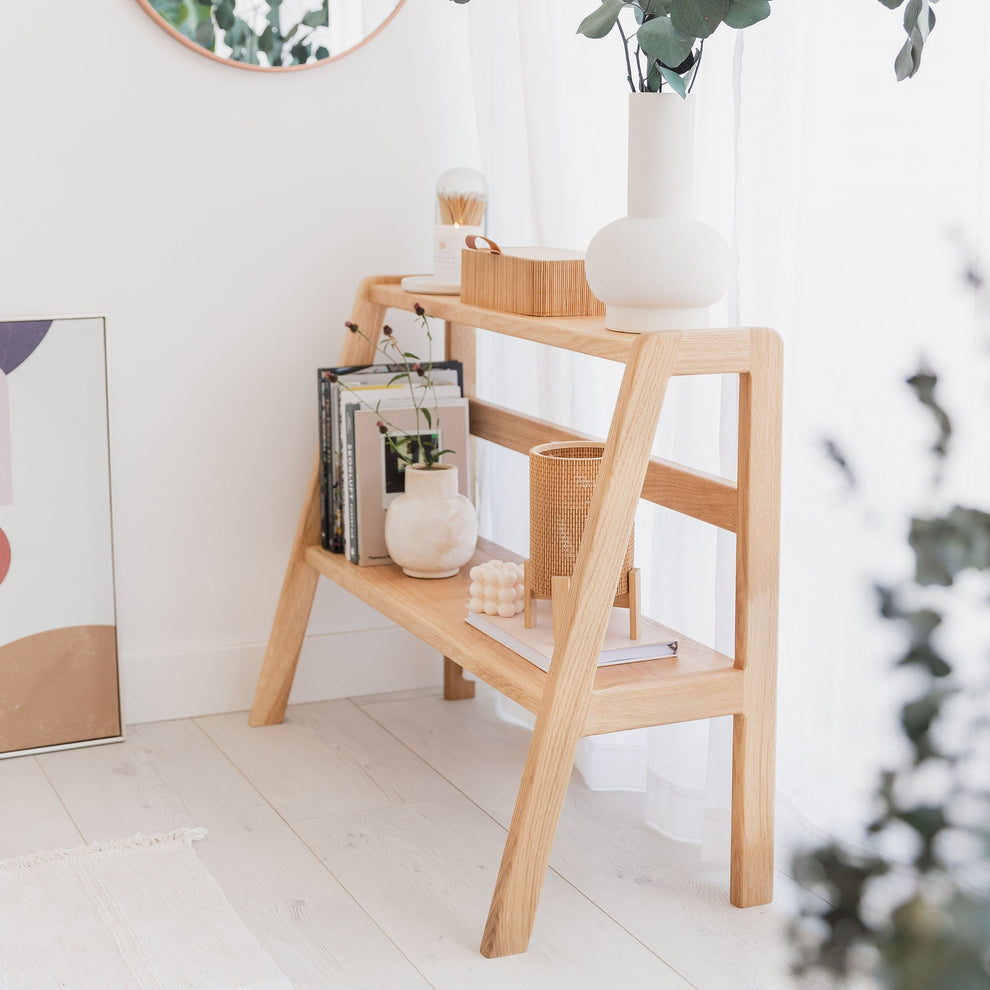 'Alma' Solid Oak Low Profile Sloping Shelving Unit – Colin & Peg